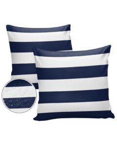 nautical stripe outdoor waterproof throw pillow covers, decorative pillowcases polyester cushion covers for garden patio tent sofa couch pack of 2 16x16 inch, navy blue white stripes