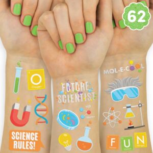 xo, fetti science party temporary tattoos - 62 silver foil styles | future mad scientist birthday party supplies, educational science favors, scientific arts and crafts