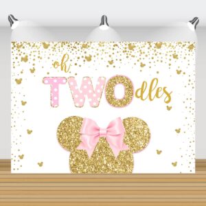 Cartoon Pink Golden Mouse 2nd Birthday Backdrop for Girls Oh Twodles Mouse Happy 2nd Birthday Party Decorations Girl Princess Birthday Party Banner Cake Table Decor 5x3ft