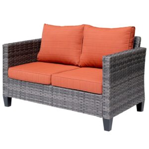 ovios patio sofa outdoor furniture loveseat couch with comfortable cushions all weather wicker rattan patio loveseat sofa for backyard porch deck, grey wicker, orange red cushion