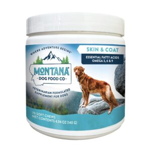 montana dog food co. skin & coat health supplement chews for dogs – soothes dry itchy skin with omega 3 & 6, biotin & vitamin e – promotes shiny coat & healthy skin –usa-made, 70 soft chews