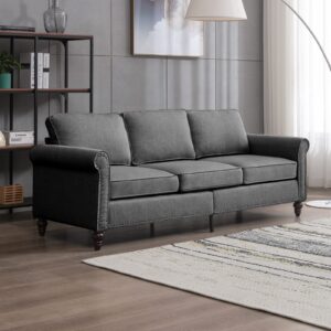 cecer 3 seater sofa with deep seats，mid-century modern upholstered couches with nailhead trim，easy to install，comfy couches for living room, bedroom, apartment and office (dark grey)