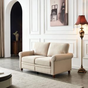 HoRunzelin Modern Luxury 2 Seater Loveseat Sofa Couch,Rolled Arm,Linen Fabric Upholstery,Nailhead Decoration,Rubber Wood Legs for Living Room,Beige