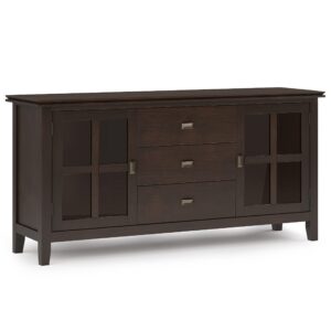 simplihome artisan solid wood 60 inch wide contemporary large sideboard buffet in dark chestnut brown, for the dining room and kitchen