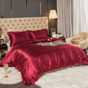 3 pieces satin duvet cover silky red bedding set luxury satin lace ruffled fringed super smooth soft silk like microfiber burgundy red duvet cover set queen with 2 pillowcases