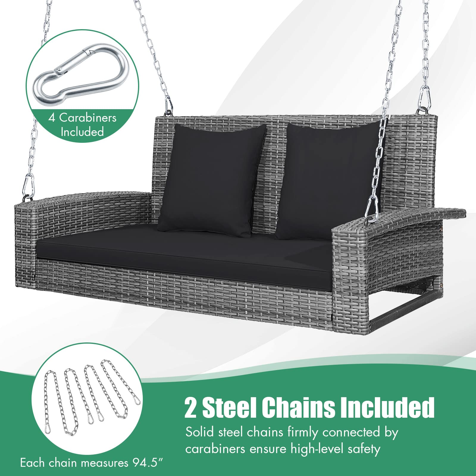 RELAX4LIFE 2-Person Porch Swing Bench - PE Rattan Outdoor Swing Chair with Comfortable Seat & Back Cushions, Rustproof Metal Chains, Patio Loveseat Swing for Balcony, Garden, Yard, 800 LBS (Black)