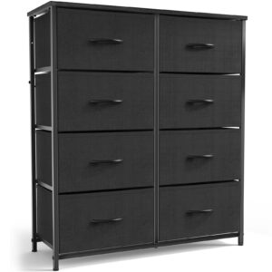 smug dresser for bedroom, tall dresser with 8 drawers, storage tower with fabric bins, double dresser, wooden top, chest of drawers for closet, living room, hallway, children's room, black