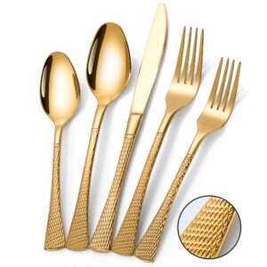 lemeya hammered gold silverware set for 4,stainless steel 20-piece modern cutlery set,mirror polished heavy duty flatware set utensil set,knives spoons and forks set,dishwasher safe