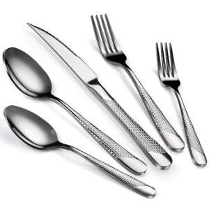 hammered silverware set, 40-piece stainless steel flatware set for 8, modern kitchen utensils tableware set includes dinner knives/forks/spoons,mirror polished dishwasher safe