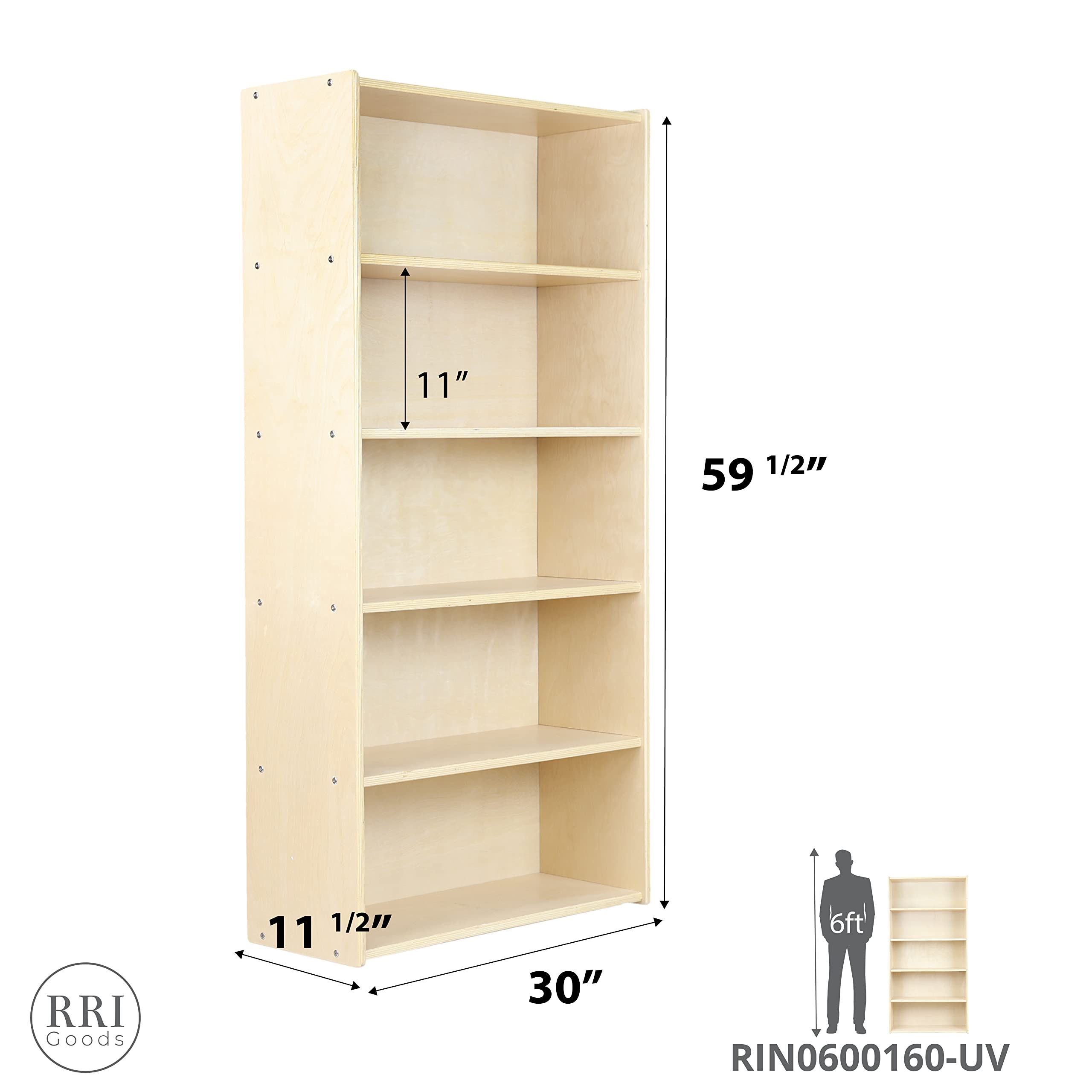 RRI Goods Classic Birch Book Shelf, Wooden Wall Organizer for Books, Toys, Office, and Kids Supplies, Natural (5 Tier - 60")