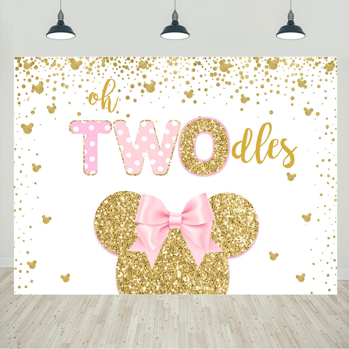 Cartoon Pink Golden Mouse 2nd Birthday Backdrop for Girls Oh Twodles Mouse Happy 2nd Birthday Party Decorations Girl Princess Birthday Party Banner Cake Table Decor 5x3ft