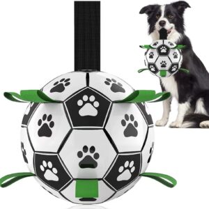 qdan dog toys soccer ball with straps, puppy birthday gifts, interactive for tug of war, durable balls for small & medium dogs（6 inch）