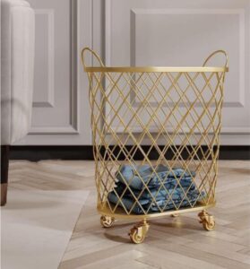 qqxx 360 laundry hamper with wheels,round mesh metal rolling -iron scandinavian ins bathroom dirty clothes basket toy storage frame, gold, (1671979), 55x45x38.5cm(21.65x17.7x15.15inch)