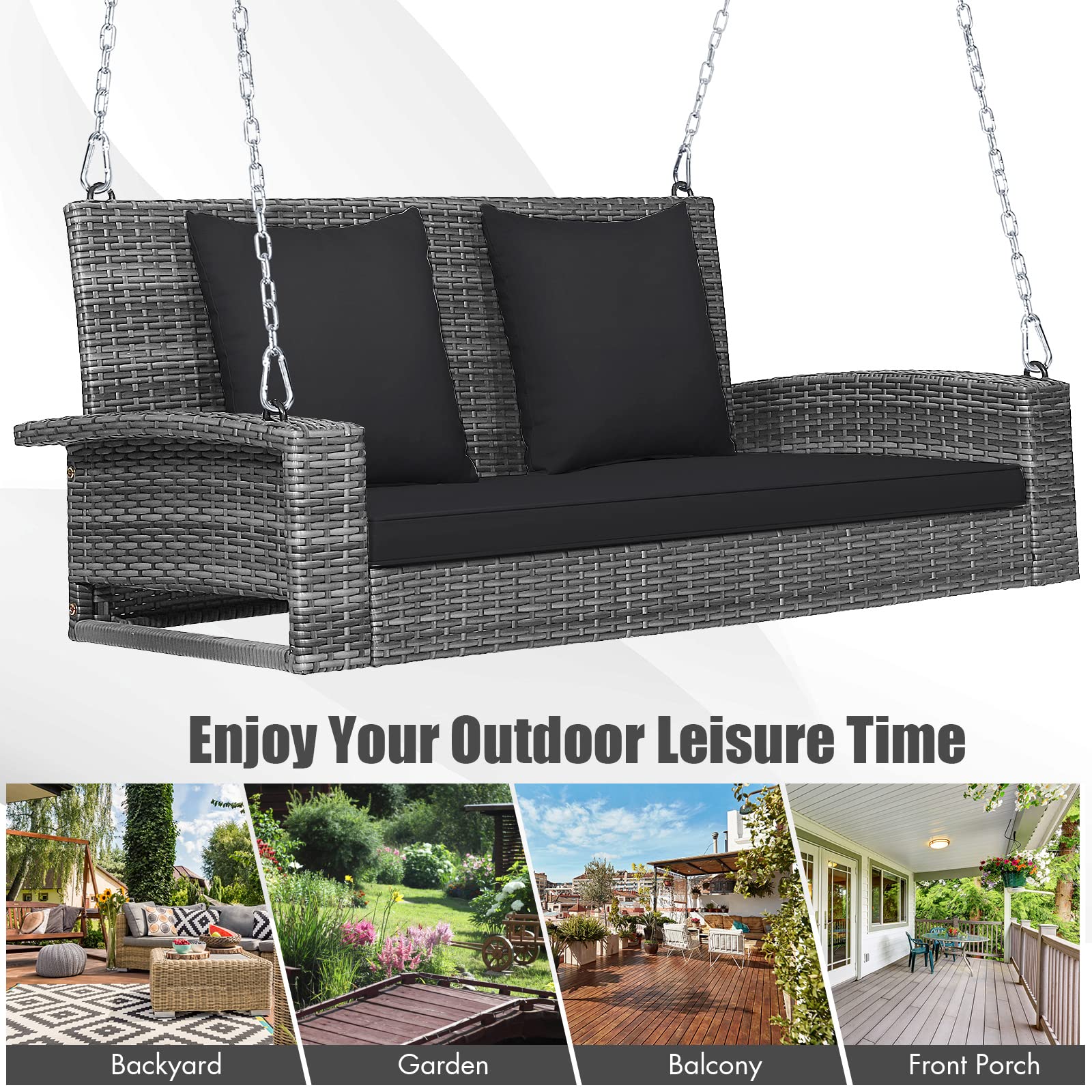 RELAX4LIFE 2-Person Porch Swing Bench - PE Rattan Outdoor Swing Chair with Comfortable Seat & Back Cushions, Rustproof Metal Chains, Patio Loveseat Swing for Balcony, Garden, Yard, 800 LBS (Black)