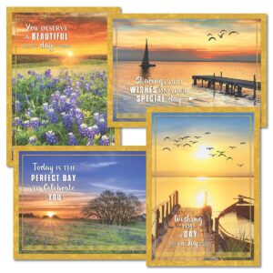 sunrise celebration deluxe birthday greeting cards - set of 8 (4 designs), large 5" x 7", happy birthday cards with sentiments inside, includes white envelope