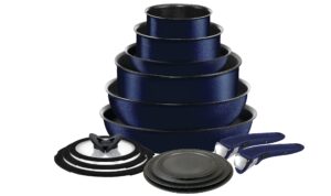 t-fal ingenio expertise non stick cookware set 14 piece, induction oven broiler safe 500f, detachable/ removable handle, kitchen, pots and pans, rv, camping, fry pans, saucepans, dishwasher safe, blue