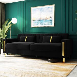 anttybale couch 85.62" 3 seats sectional velvet fabric sofa easy assemble sofa bed with 2 couch pillows,gold metal legs for living room (p17, black)