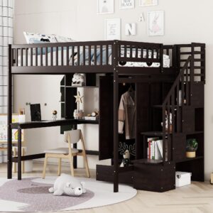 full size loft bed with desk, wardrobe, high loft bed frame with storage staircases, drawer solid wood loft beds for kids, boys and girls,teens, no box spring needed (espresso)