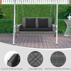 RELAX4LIFE 2-Person Porch Swing Bench - PE Rattan Outdoor Swing Chair with Comfortable Seat & Back Cushions, Rustproof Metal Chains, Patio Loveseat Swing for Balcony, Garden, Yard, 800 LBS (Black)