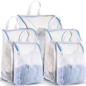 fabbay 5 pack honeycomb mesh laundry bag with handle wash bag for socks washing machine large opening side widening zippered mesh sock bag lingerie bag for bra items travel garment, 3 sizes(blue)