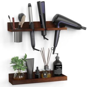 wooden hair tool organizer wall mounted - 17"x5" 2pc set - blow dryer holder & hair storage organizer - perfect for heat tools, curling iron or hair dryer storage - mounting hardware included