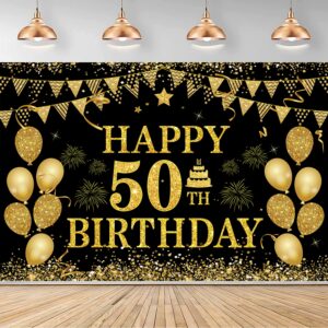 50th birthday decorations for men women - happy 50th birthday banner party decorations black gold 50 years birthday party suppiles background for home outdoor birthday decor(71 x 45 inch)