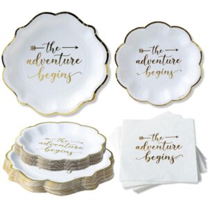 kate aspen the adventure begins 72 piece classic & elegant paper party tableware set (24 guests), party supplies, wedding decor for bridal showers, engagements and receptions