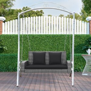 RELAX4LIFE 2-Person Porch Swing Bench - PE Rattan Outdoor Swing Chair with Comfortable Seat & Back Cushions, Rustproof Metal Chains, Patio Loveseat Swing for Balcony, Garden, Yard, 800 LBS (Black)