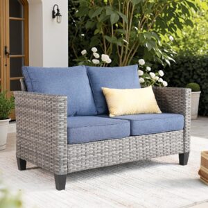 ovios patio sofa all weather outdoor furniture loveseat couch high back wicker rattan loveseat couch for yard backyard porch (denim blue)