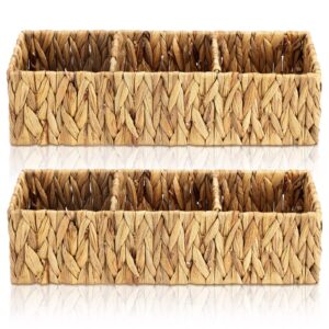 2 pack 3 section wicker storage baskets toilet basket tank topper natural handmade woven storage basket rectangular toilet paper organizer basket with dividers for bathroom (vertical texture)