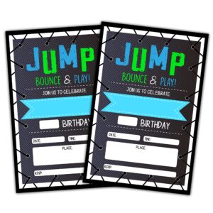 clirbe trampoline jump birthday party invitations, bounce house birthday invitations for boys girls, kids birthday invites, theme birthday party decorations, 20 invitations with 20 envelopes - b02