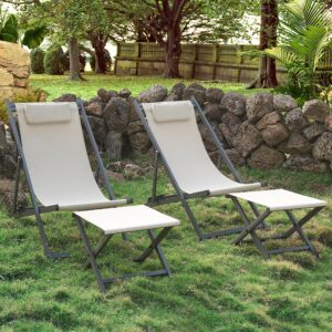 ricnod outdoor sling chairs set of 2 portable folding aluminum reclining lounge chairs adjustable patio deck chairs with headrest, 2 folding stools, beige