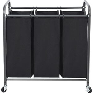 sto sto laundry sorter 3 section, 3 bag laundry hamper, rolling laundry cart, laundry basket with heavy duty lockable wheels and removable bag for clothes storage, black