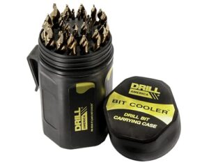 drill america 29 piece cobalt stepped point drill bit set in round case w/gold oxide finish for drilling acrylic, steel, hard metals, sizes 1/16" to 1/2" x 64ths, gsc series zmgsc29j-pc