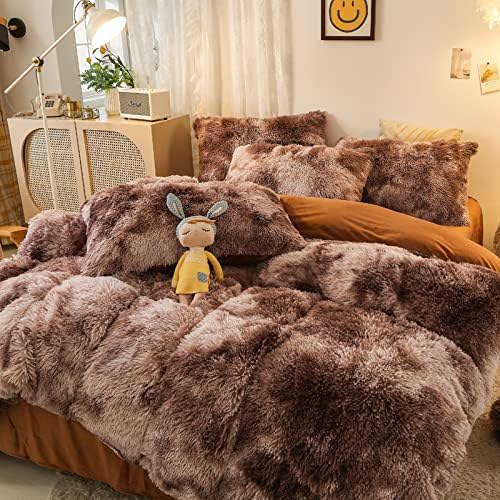 Jameswish Shaggy Plush Duvet Cover Set Super Soft Fluffy Faux Fur Comforter Cover Set Luxury Fuzzy Bedding Set 3 Piece(1 Duvet Cover+2 Pillowcases) with Zipper Clusure(Coffee White Ombre,Queen Size)