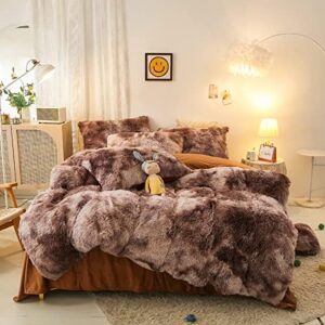 Jameswish Shaggy Plush Duvet Cover Set Super Soft Fluffy Faux Fur Comforter Cover Set Luxury Fuzzy Bedding Set 3 Piece(1 Duvet Cover+2 Pillowcases) with Zipper Clusure(Coffee White Ombre,Queen Size)