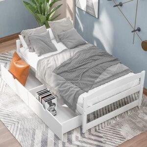 lostcat twin bed with storage, twin size daybed with 2 drawers, wood storage bed frame, twin size white bed frame with storage, solid pinewood bedframe with drawers, no box spring needed, white