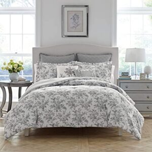 laura ashley- king duvet cover set, reversible cotton bedding set, includes matching sham(s) with bonus euro sham(s) & throw pillow covers (annalise floral grey, king)