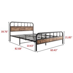 Elegant Home Products Black Queen Bed Frame with Headboard,Metal Platform Bed Frames,No Box Spring Needed,Easy Assembly Rustic Brown