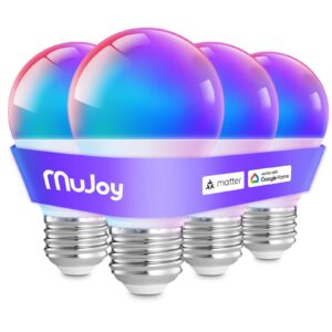 mujoy smart light bulbs (matter), color changing light bulb work with google home/alexa/apple home, a19 e26 alexa smart light bulb, 800lm cri>90 rgbww music sync, 60w equivalent, 4 pack