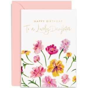 old english co. happy birthday card for daughter from mum or dad - cute flower design with gold foil - colourful floral daughter birthday cards | blank inside with envelope