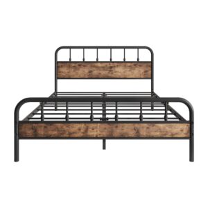 Elegant Home Products Black Queen Bed Frame with Headboard,Metal Platform Bed Frames,No Box Spring Needed,Easy Assembly Rustic Brown