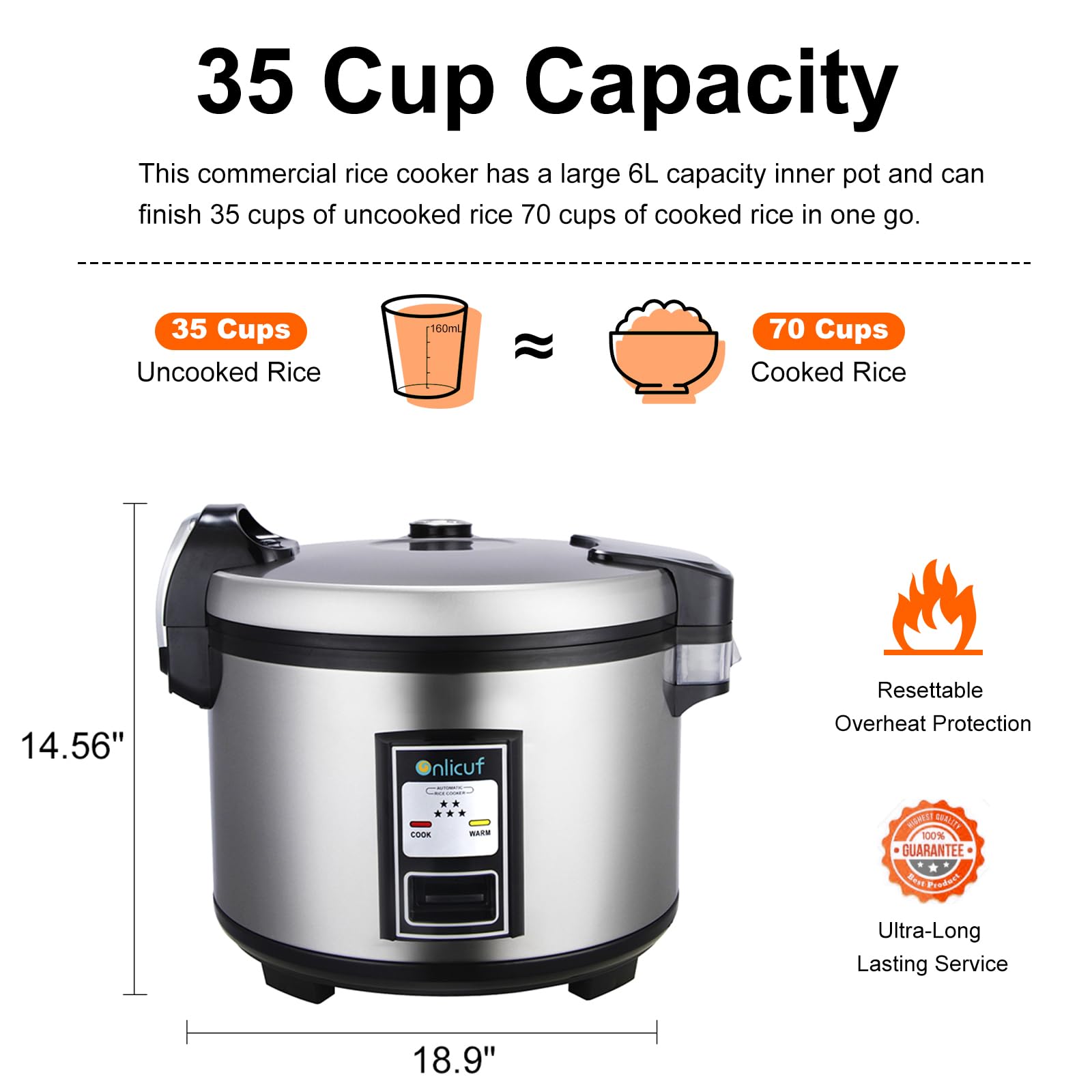 Onlicuf Commercial Rice Cooker 70-Cup Cooked (35-Cup Uncooked) Stainless Steel Housing 1550W for Restaurant