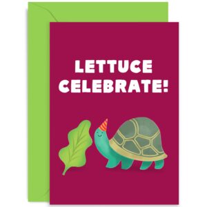 old english co. lettuce celebrate card - cute funny tortoise congratulations card for him or her - birthday, exam results, graduation for friends and family | blank inside with envelope