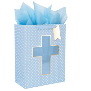 loveinside blue gift bag with cross design, tissue paper for baby boy baptisms, christenings, first communions religious occasion- 10" x 5" x 13", 1 pcs