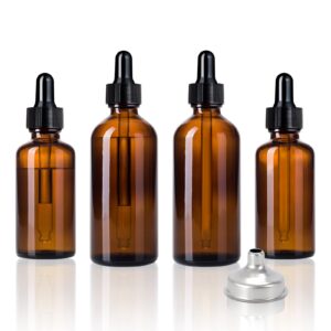 lxlovesm 4 pcs 1oz+2oz amber glass dropper bottle,tincture bottles with eye droppers,leakproof essential oils bottles,with 1 stainless steel funnels