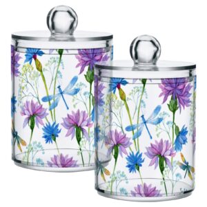 4 pack qtip dispenser apothecary jars bathroom organizer, watercolor blue flowers dragonflies qtip holder storage canister plastic acrylic jar for cotton ball/swab/rounds