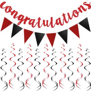 glitter congratulations banner triangle flag banner with 12 pieces hanging swirls for wedding retirement graduation anniversary party decorations (black, red)