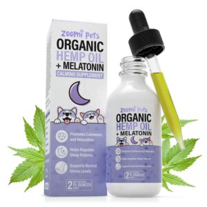 zoomi pets melatonin + organic calming hemp oil for dogs anxiety and stress relief - calming drops pet hemp oil for dogs & cats - hip and joint support supplement for dogs pain management (2oz)