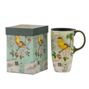 tzssp coffee ceramic mug porcelain latte tea cup travel mug with lid 17oz,song bird